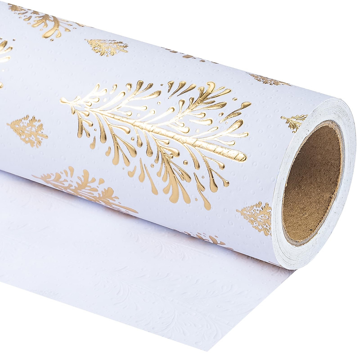 WRAPAHOLIC 3D Kraft Christmas Wrapping Paper Roll - Mini Roll - 17 Inch x 16.5 Feet - Gold and White Christmas Tree Design with Embossed Perfect for Holiday, Party Celebration