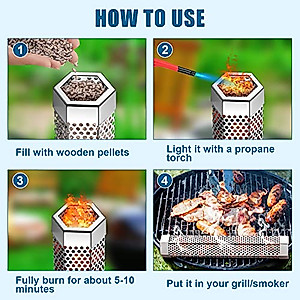 4 Pcs Pellet Smoker Tube 12 Inch Stainless Steel BBQ Wood Pellet Tube for Smoking with Cleaning Brush and 8 S Shape Hooks for Hours of Billowing Cold Hot Smoking for All Grills or Smokers