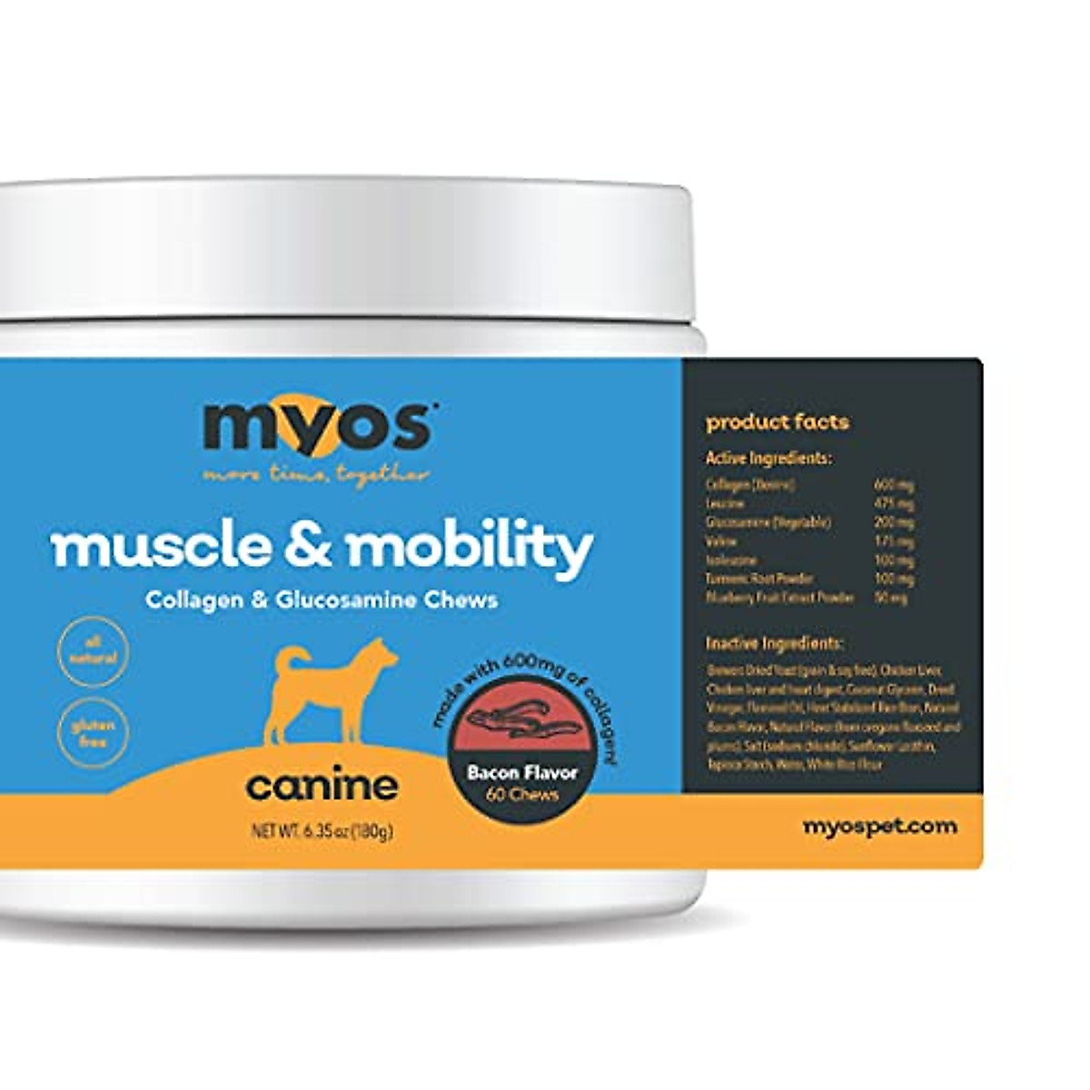 MYOS Canine Muscle & Mobility Chews – Natural Collagen & Glucosamine for Dogs - Bacon Flavor Joint Supplement for Muscle, Bone & Joint Support, 60 Count