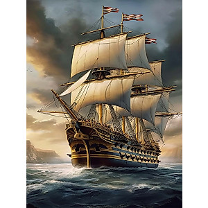 SKRYUIE 5D Landscape Diamond Painting Kits - DIY Diamond Art Kits for Adults Ocean Sailboat, Full Round Drill - Crystal Cross Stitch - Adults Craft for Wall & Office Decor - 12x16 inch