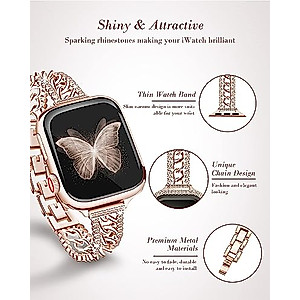Bling Chain Bracelet Compatible with Apple Watch Band 41mm 40 mm 38mm Series 8 7 6 5 4 3 2 1 SE Women, beu1st Replacement iWatch Band Diamond Rhinestone Stainless Steel Metal Wristband Strap Rose Gold