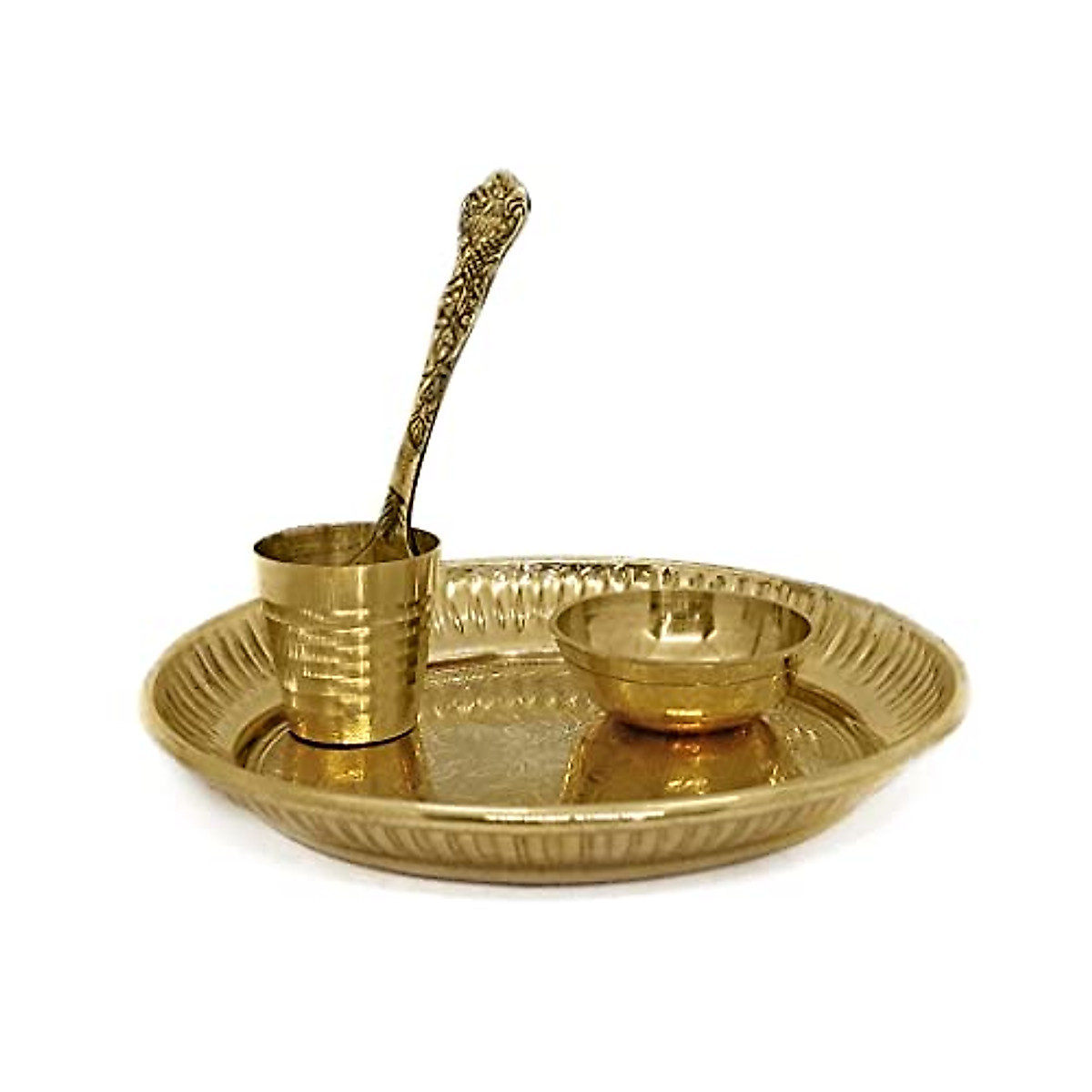 Satvik Brass 4 Pc Bhog Thali Set for Laddu Gopal Brass Bhog Thali with Glass, Bhog Bowl and Pooja Spoon for Home and Temple Kanha Ji Bhog Plate Set (Medium)