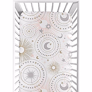 Blush Pink, Gold, Grey and White Star and Moon Baby or Toddler Fitted Crib Sheet for Celestial Collection by Sweet Jojo Designs