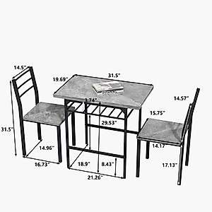 AnwickNomo Dining Table Set for 2, 3-Piece Bistro Table and Chairs Set, Breakfast Nook Table Set, Small Kitchen Table Set for 2, Dinette Set with Black Frame & Printed Gray Marble Finish (Gray)