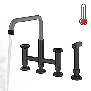 KRAUS Urbix Color-Changing Industrial Bridge Kitchen Faucet with Side Sprayer and ColorSmart Technology in Matte Black/Grey, KPF-3125MBGRCC