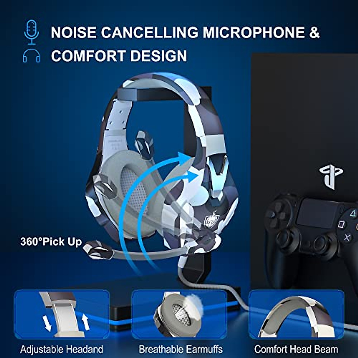 PHOINIKAS PS4 Gaming Headset for PC, PS5, Switch, H9 Xbox One Headset with Noise Cancelling Mic, Over Ear Stereo Headphones with Bass Surround (Camo)
