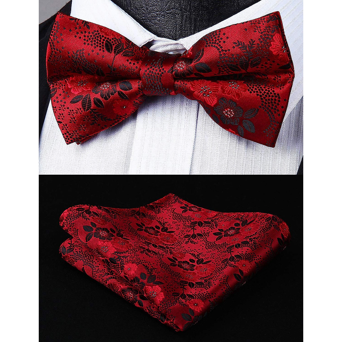HISDERN Red Bow Tie and Suspenders for Men Paisley Floral 6 Clips Adjustable Braces Y Shape Tuxedo Suspenders & Pocket Square Set