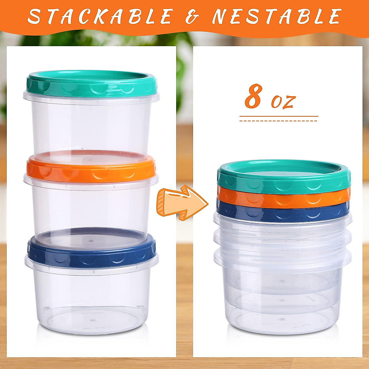 Tioncy 36 Pack Texture Freezer Storage Containers with Lids Reusable Twist Top Plastic Food Containers Round Wide Mouth Lunch Jars Freezer Deli Containers (8 oz)