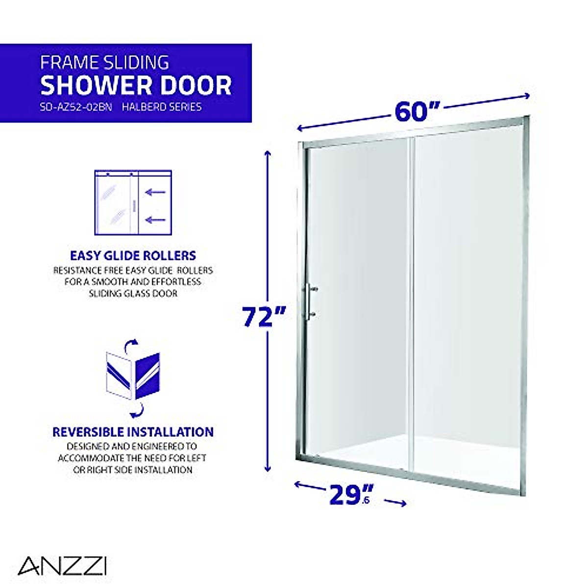 ANZZI 72 x 60 inch Framed Shower Door in Brushed Nickel, Halberd Water Repellent Glass Shower Door with Seal Strip Parts, Easy Glide Rollers Sliding Shower Door, SD-AZ052-02BN