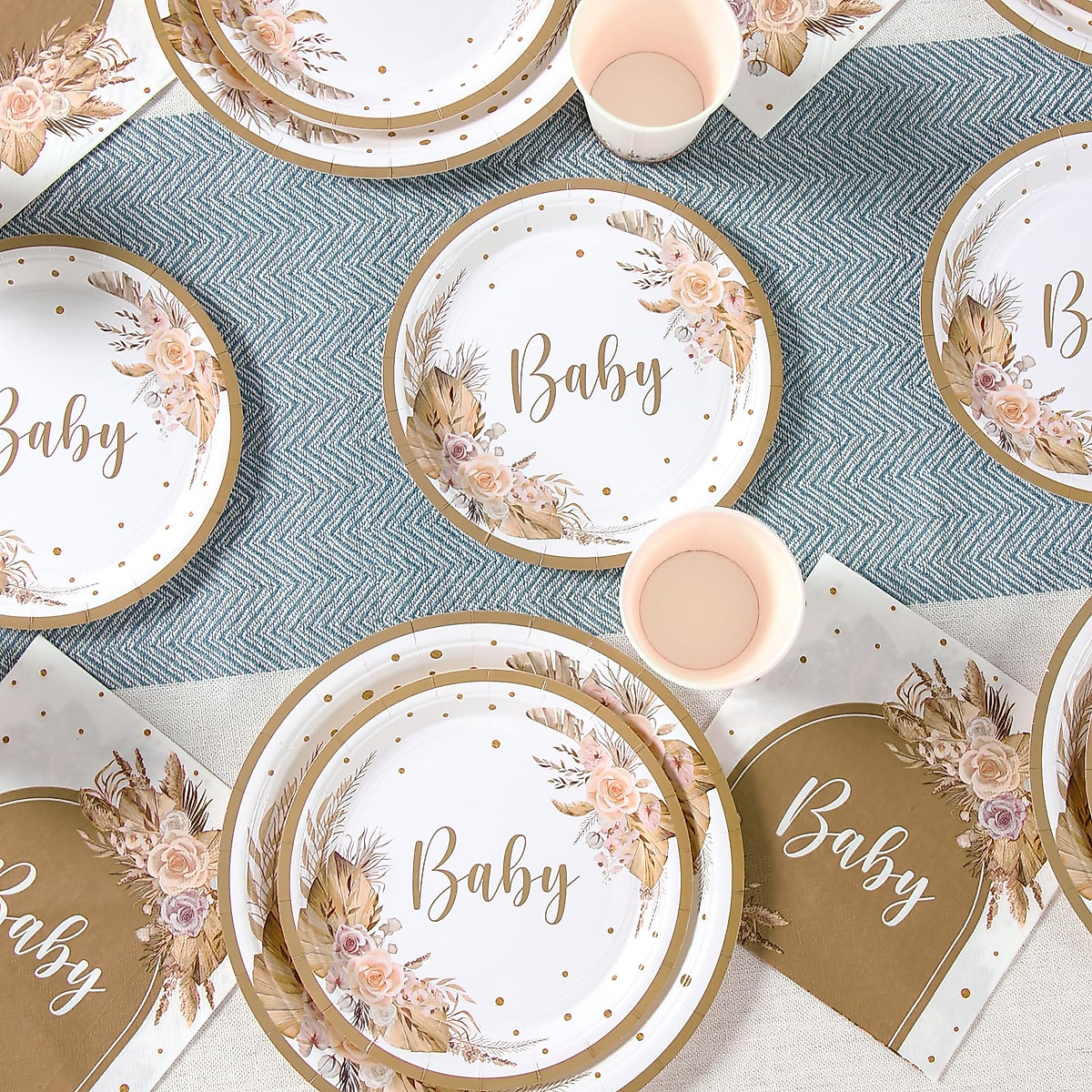 Boho Baby Shower Decorations Plates and Napkins Tableware for 24 Guests, Pampas Grass Floral Paper Plates Cups Design for Neutral Baby Shower Girl Boy Boho Party Supplies