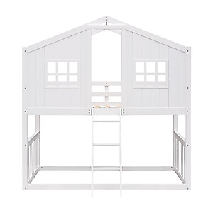 Harper & Bright Designs House Bunk Beds, Twin Over Twin Bunk Bed with Roof, Ladder and Windows, Floor Bunk Bed, Low Bunk Loft Bed for Kids Teens Boys & Girls, White