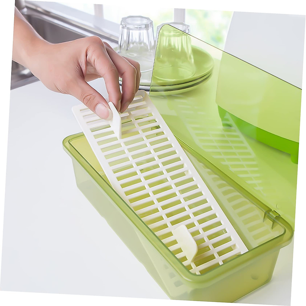 DOITOOL Flatware Tray with Lid and Drainer, Tableware Utensil and Cutlery Drawer Organizer with Lid Covered Silverware Tray to Keeps Your Cutlery Organized and Protected ( Brown )