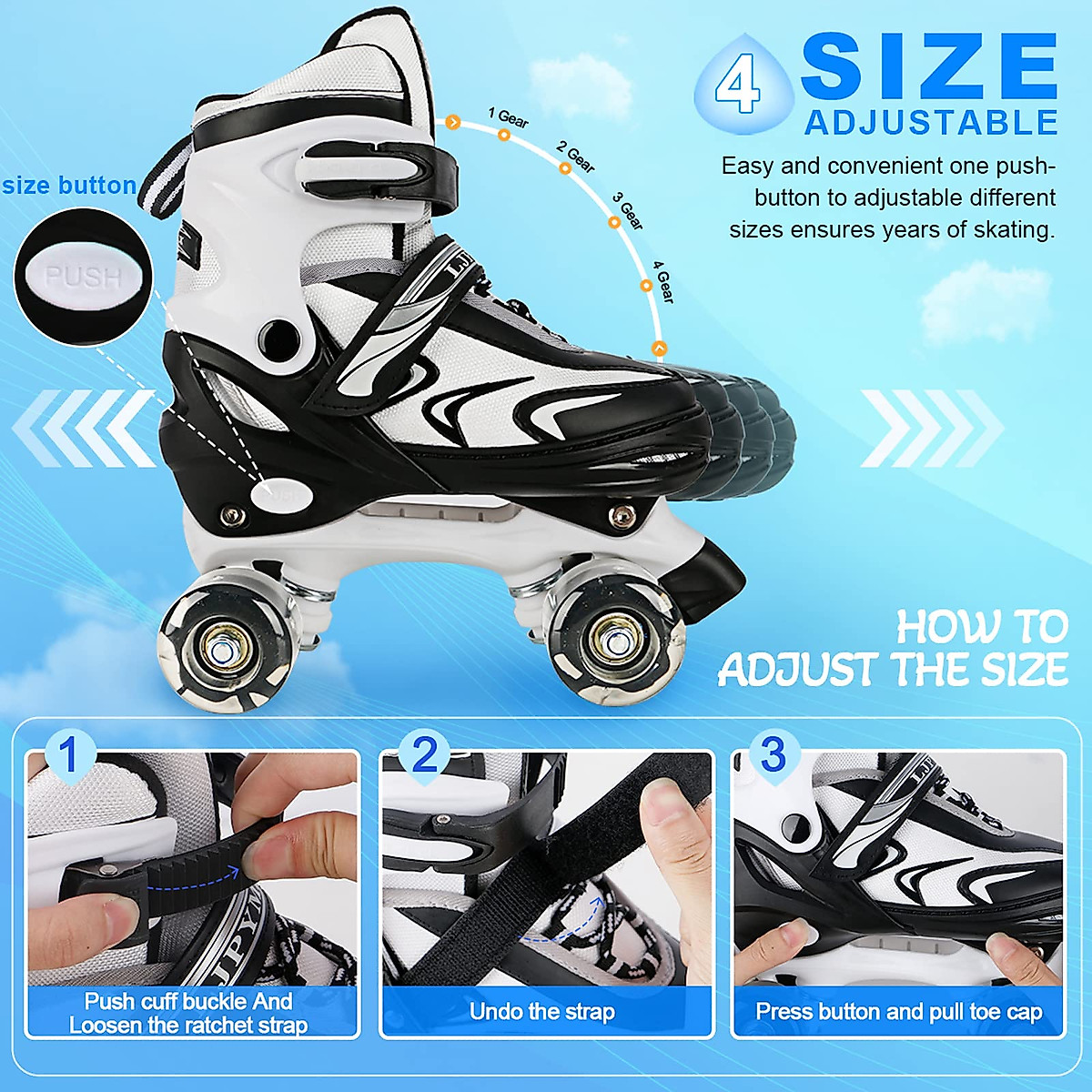 ZHUKAIKJ Roller Skates for Boys and Girls Adjustable Roller Skates for Toddler Kids Roller Skates 4 Sizes with Light up Wheels, for Women and Men, Small