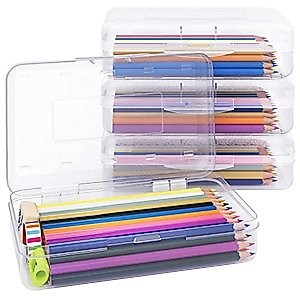 Denkee 4 Pack Clear Pencil Box, Plastic Large Capacity Pencil Boxes, Hard Pencil Case, School Supply Crayon Box Storage with Snap-Tight Lid, Stackable Office Supplies Storage Organizer Box