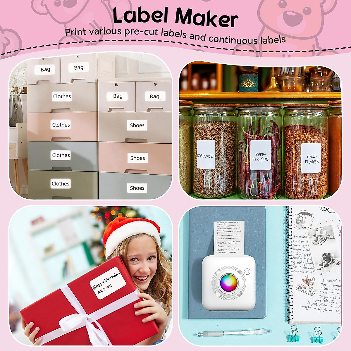 Qoosea Mini Printer Portable Printer with 13 Rolls Paper Storage Bag Thermal Sticker Printer Bluetooth App for Phone for Notes Pictures DIY Label Gift for Kids Friends