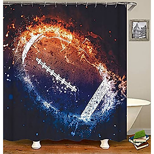 Jayden Madge 4PCS/Set Burning American Football Shower Curtain, Ice and Fire Championship Cool Sports Bathroom Decor for Men, Waterproof Fabric Black Shower Curtain, Non-Slip Bath Rugs, Flaming Ball