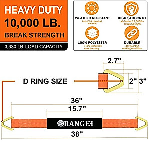 ORANGEE 4 Pack 2 Inch x 36 Inch Axle Tie Down Strap with Sleeve and D-Ring - 10,000LBS Capacity - Bright Orange Color - for Car Trailer, Towing, Hauling
