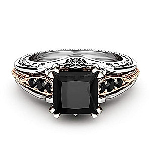 Gixaxak Black Gem Vintage Ring 925 Silver Cut Black Onyx Ring Marcasite Black Cubic Zirconia Rings CZ Cocktail Rings Rose Hollow Zircon Ring 8