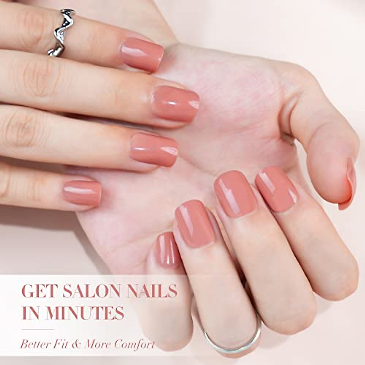 Press on Nails Short Nude, Jofay Fashion Square False Nails with Glue, Reusable & Natural Solid Color Acrylic Fake Nails Stick on Nails for Women Girls Gift, Gel Nail Kit Salon-Quality, Sweet Peach, 24pcs