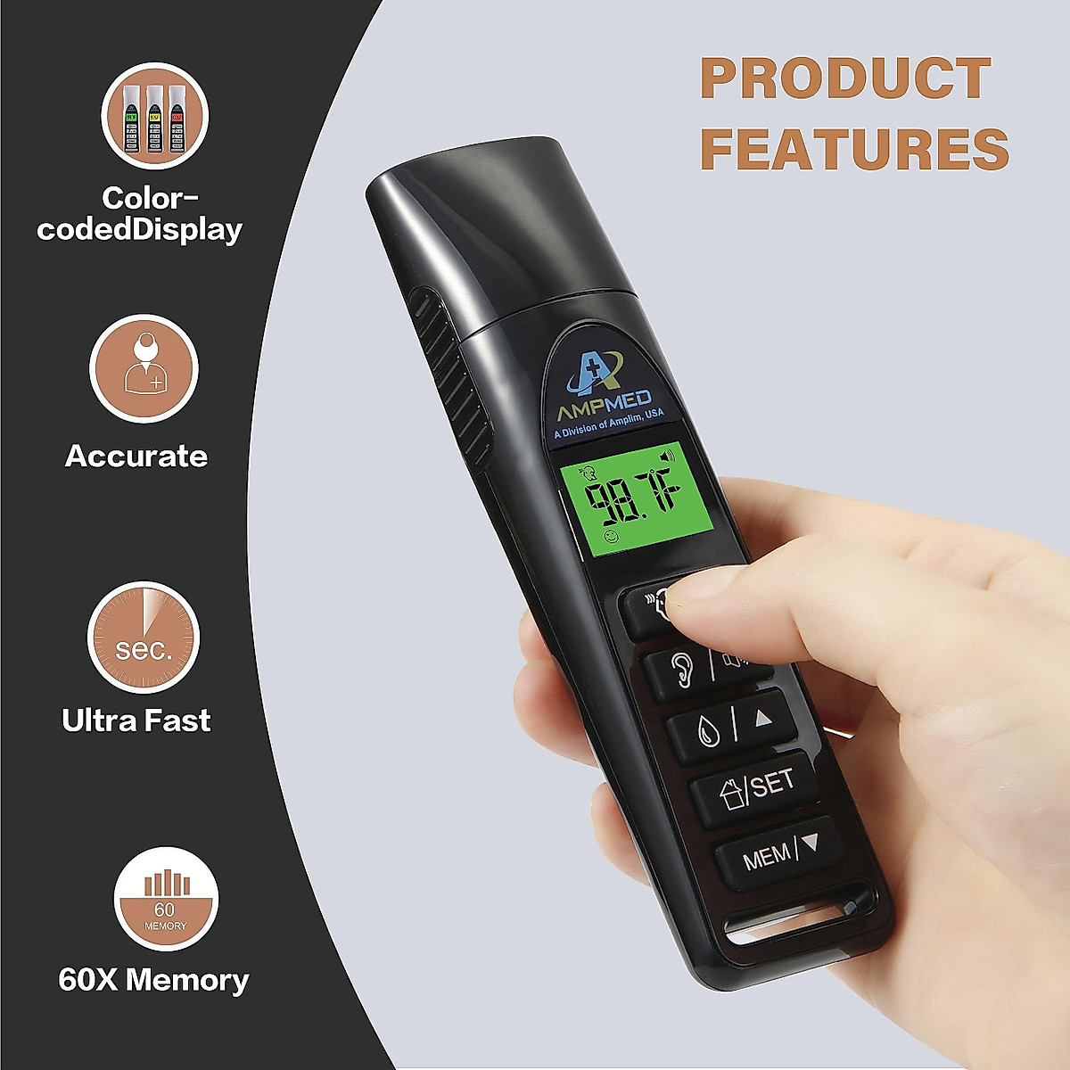 Amplim Baby Thermometer | 3-in-1 Infrared Thermometer for Ear, Forehead & Touchless, FSA/HSA Eligible Accurate Fever Thermometer for Baby, Infants, Toddlers, Kids & Adults | Black Base Stand & Clock