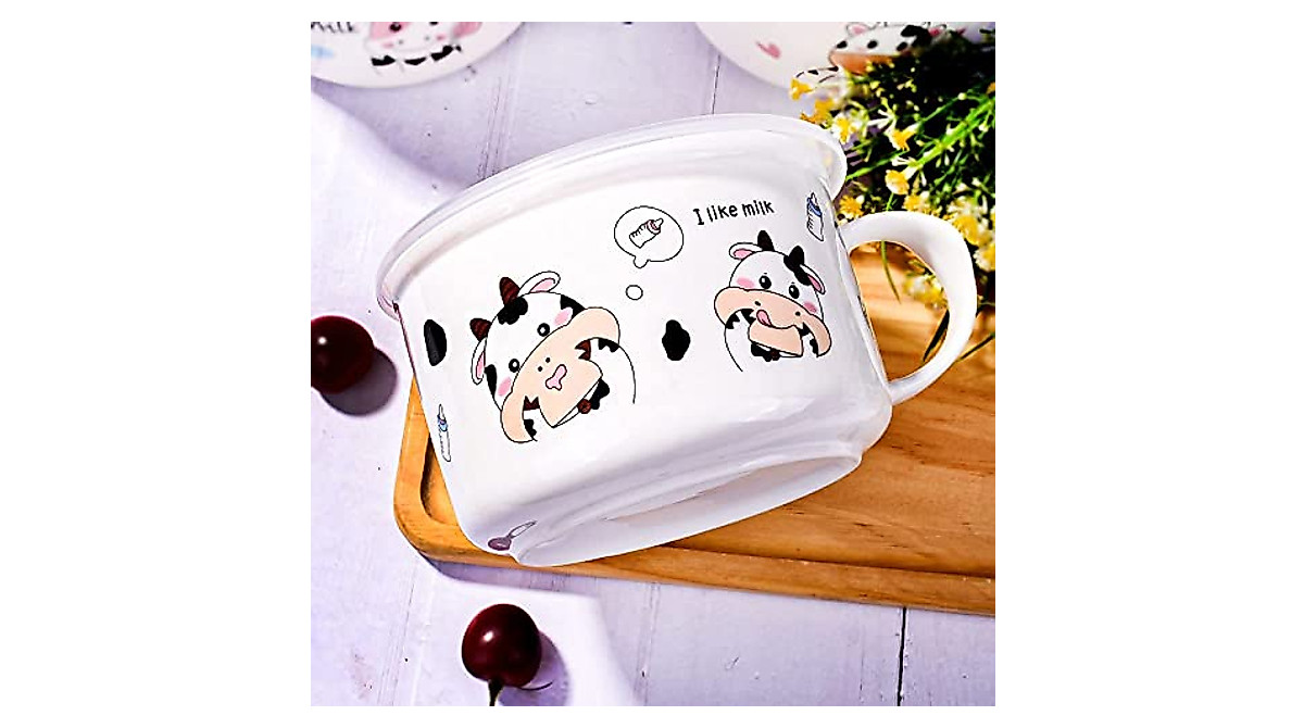 Ceramic Bowl with Lid and Handle,Cute Cows Design,Microwave for Instant ...