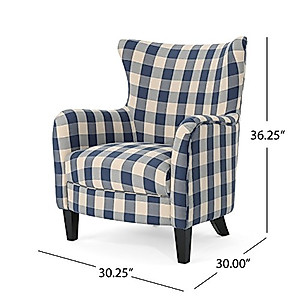 Christopher Knight Home Oliver Farmhouse Armchair, Checkerboard, Polyester and Birch Wood, Blue Floral
