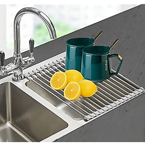 Ahyuan Roll up Dish Drying Rack Over The Sink Dish Drying Rack Dish Rack Over Sink Rolling Rack Dish Racks for Kitchen Counter (11.8''Wx17.8''L, Warm Grey)
