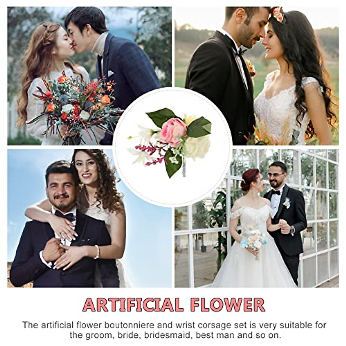 VOSAREA Rose Boutonniere 1 Set Wrist Corsage Boutonniere Set Groom Boutonniere and Bride Wrist Corsage Handmade Artificial Corsage Set Bride Hand Flower Bouquet Pink Prom Corsage Wristlet