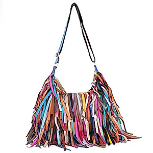 Segater Women Multicolour Hobo Bag Sheepskin Random Patchwork Shoulder Bag Colorful Tassels Handbag Purses