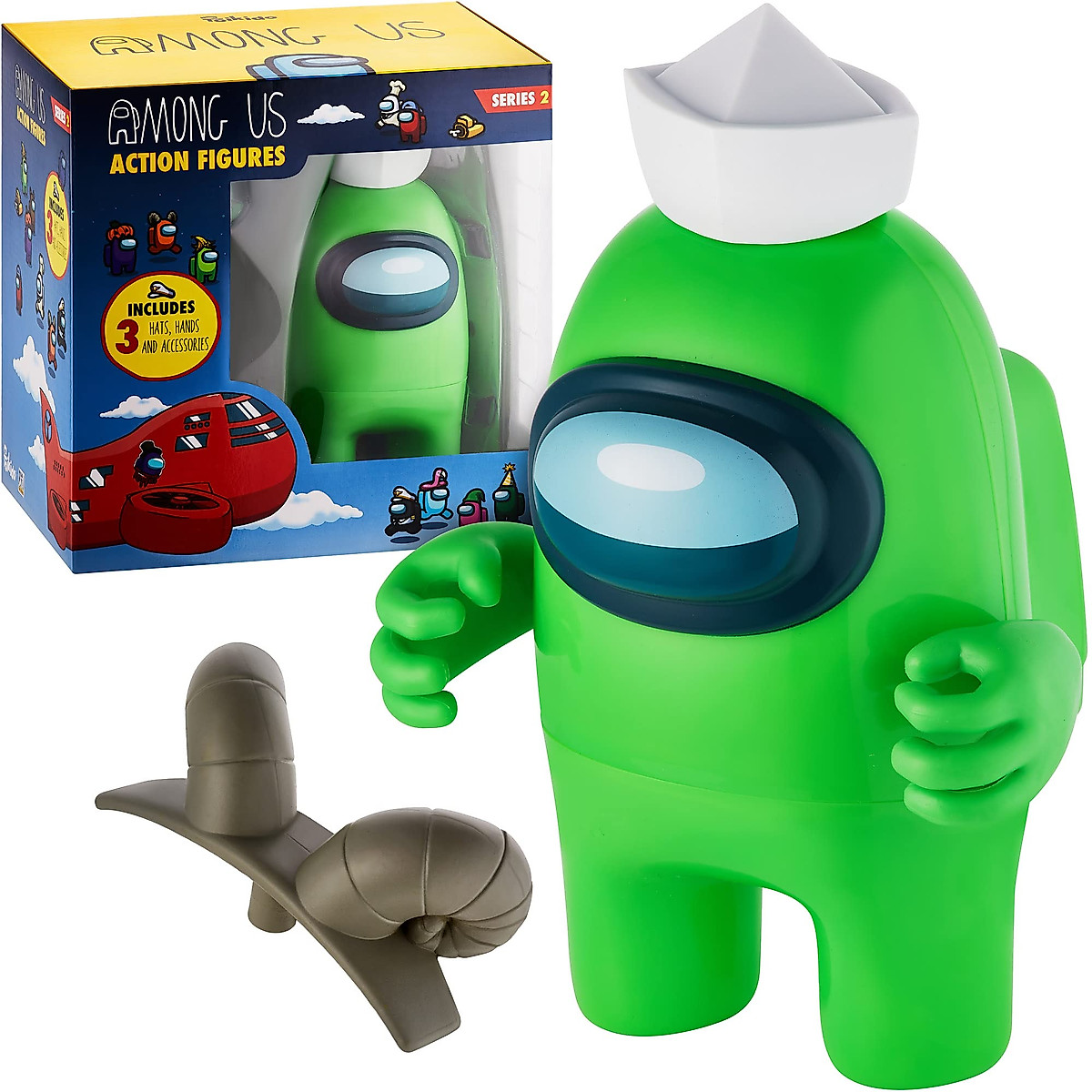 P.M.I. Among Us Action Figure | One of Four 6.7-Inch-Tall Collectibles | Among Us Toys and Playable Mini Toys | Green Crewmate in The White Folded Paper Hat with Hidden Hat and Hands | Kids’ Toys