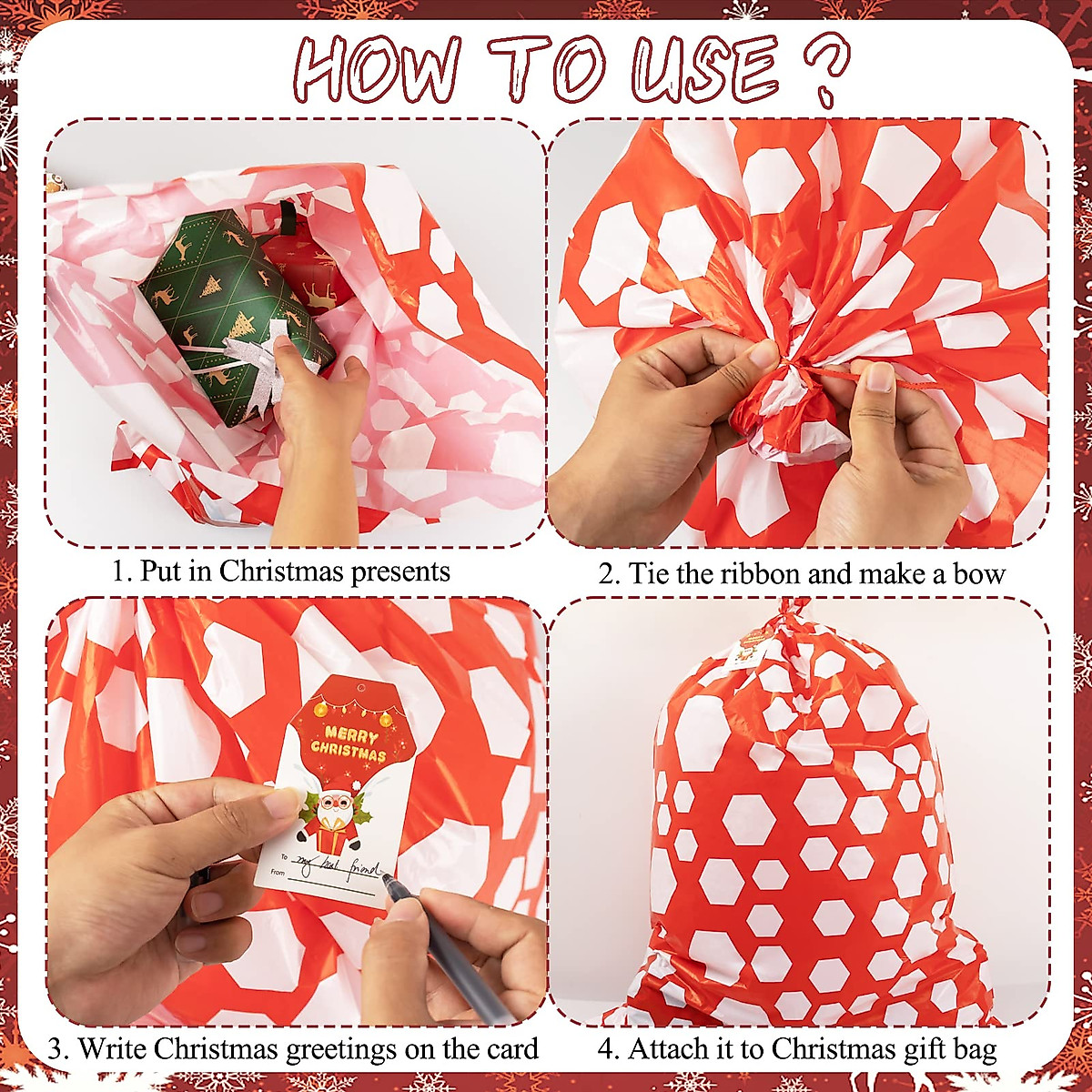 Large Christmas Gift Bag for Christmas Presents- 6Pcs Jumbo Plastic Christmas Red and White Gift Bags with Gift Tags and Ribbon for Christmas Big Gift Wrapping Holiday Goody Bag Party Favor Supplies