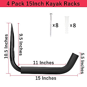 Vahodegn Kayak Steel Storage Rack, 4 Pack Canoe Wall Mount Hooks, 15Inches Snowboard Hanger, 100 LB Capacity