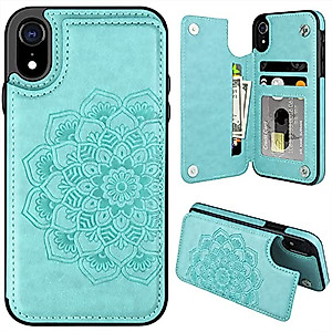MMHUO for iPhone XR Case with Card Holder, Flower Magnetic Back Flip Case for iPhone XR Wallet Case for Women, Shockproof Protective Case Full Cover Phone Case for iPhone XR,Mint