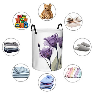 Gbuzozie 38L Round Laundry Hamper Purple Tulip Flowers Storage Basket Waterproof Coating Organizer Bin For Nursery Clothes Toys
