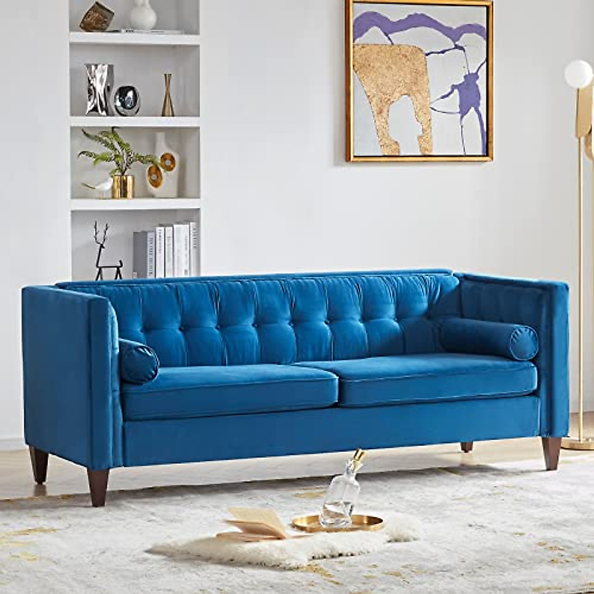 Dreamsir 58'' W Velvet Sofa, Mid-Century Love Seats Sofa Furniture with Bolster Pillows, Button Tufted Couch for Living Room, Tool-Free Assembly (Loveseat, Navy Blue)