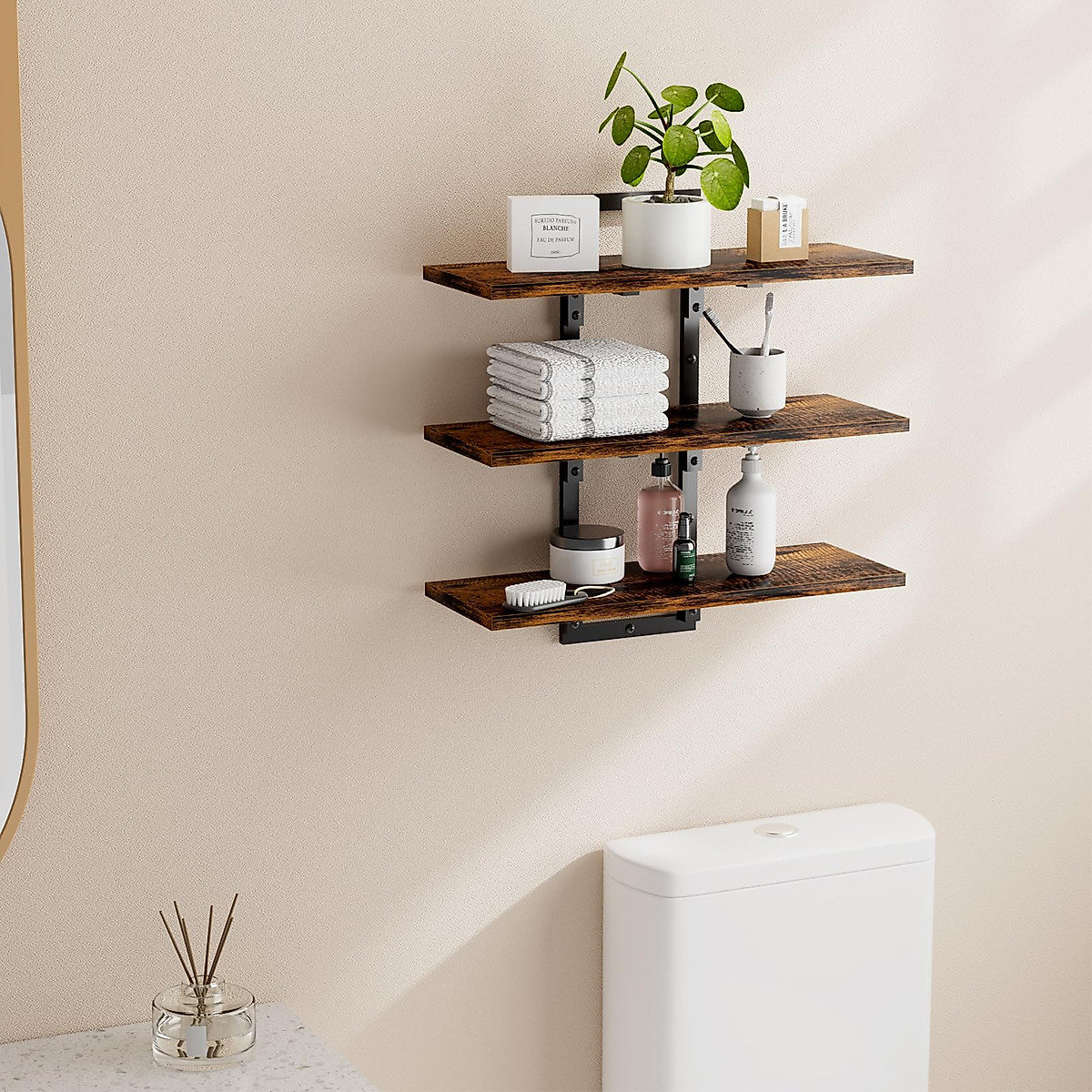 PAPAGIFTREE 3 Tier Floating Shelves for Wall, 16 inch Floating Kitchen Shelves for Wall, Floating Shelves for Bathroom Wall, Industrial Display Shelf for Living Room, Bedroom