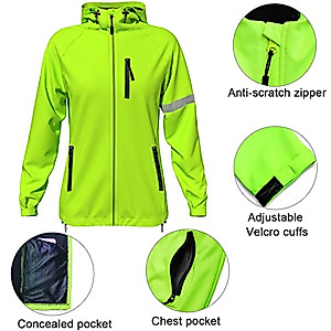 Wulibike Cycling Jackets for Womens Running Jacket Winter Thermal Reflective Hoodie Windproof Coat With 6 Pockets