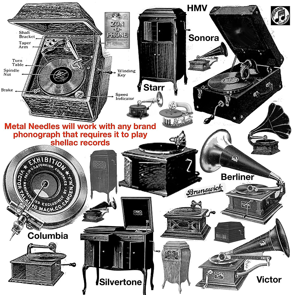 400 Mixed Tones Phonograph Steel Needles; Soft, Loud, Medium and Spearpoint – Universal Antique Turntable Replacement Stylus Needles