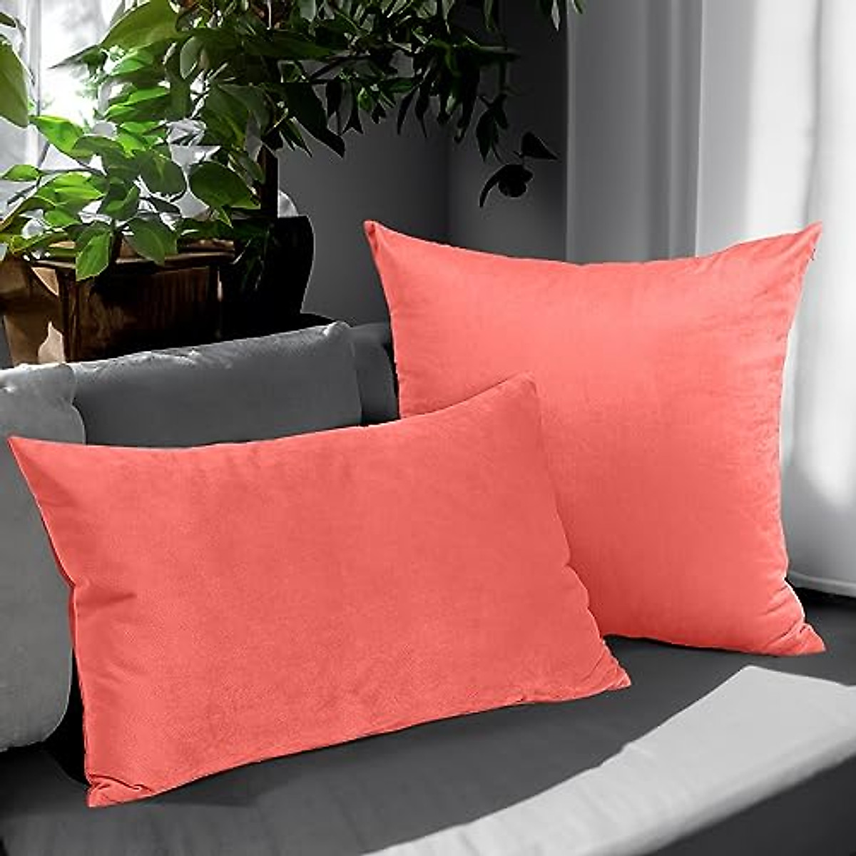 FULDGAENR Velvet Pillow Covers 12x20 Set of 2 for Couch Sofa, Coral Red Cozy Decorative Throw Pillow Covers Sham Lumbar 12 x 20 Inch Soft Solid Cushion Covers for Home Decor