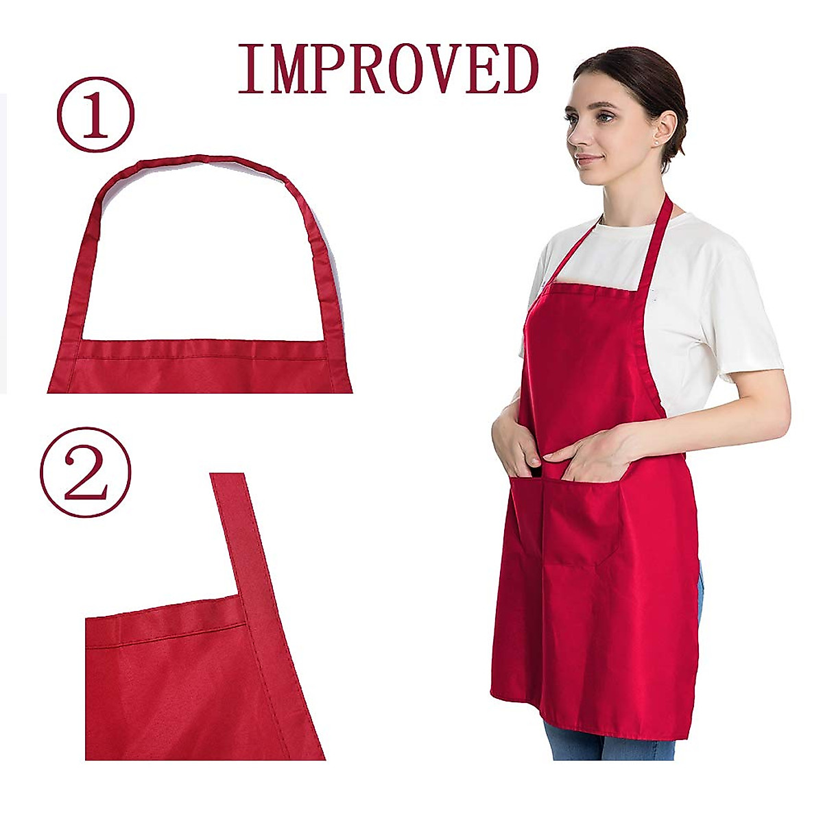 LOYHUANG Total 6PCS Red Aprons Bulk for Women Unisex Plain Colour Bib Aprons with 2 Front Pockets Washable Apron for Painting Cooking Baking Kitchen Restaurant Crafting