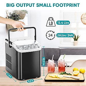Sweetcrispy Countertop Ice Maker with Scoop, Basket and Handle, 9 Ice Cubes Machine Ready in 6 Mins, 26.5lbs in 24Hrs, 2 Sizes for Home Kitchen Office Bar Party(Black)