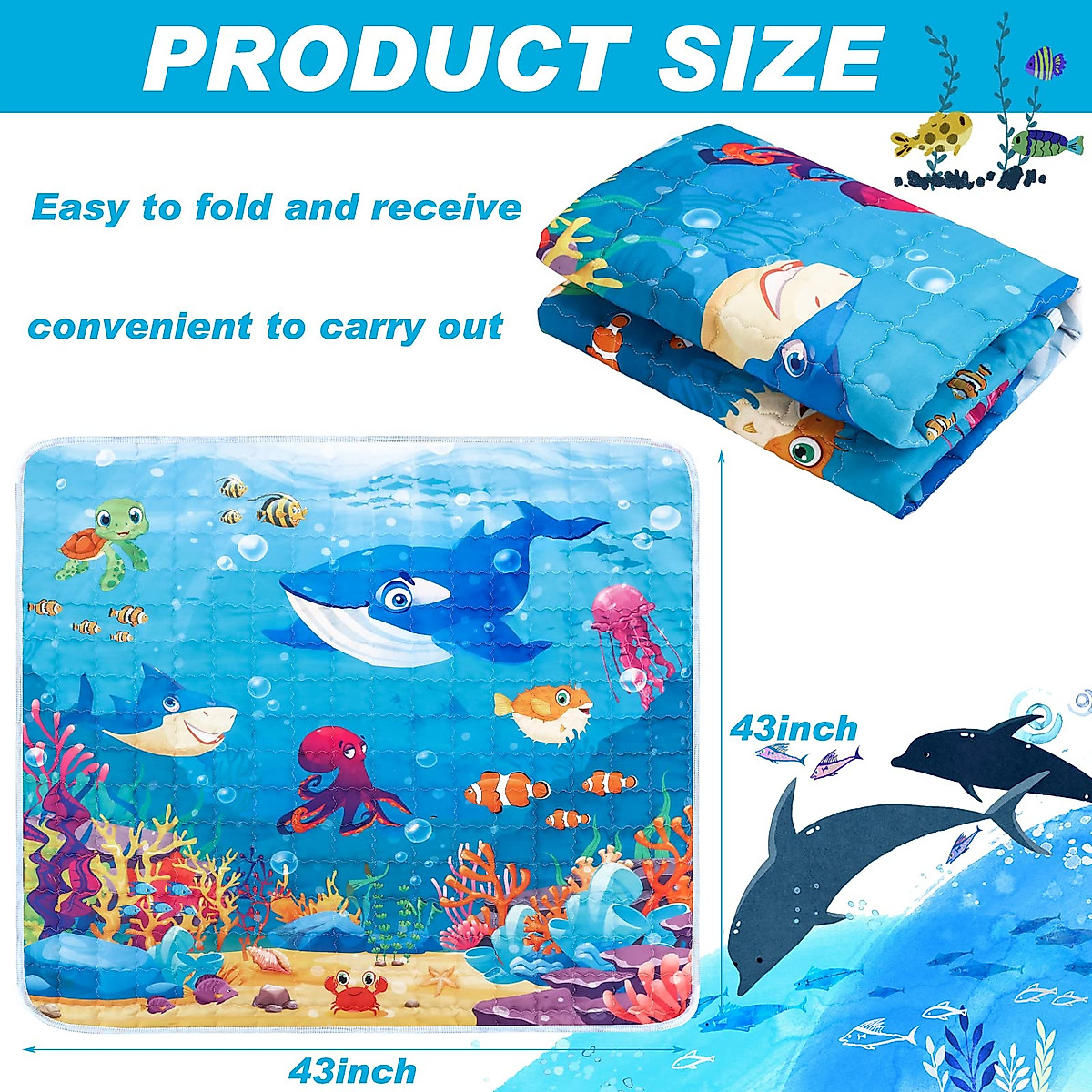 Baby Play Mat Non Slip Ocean Sea Animal Soft Foldable Washable Portable Playmat Sea Crawling Mat Baby Tummy Time Mat Floor Play Mats for Infants Toddler Playpen, 43 x 43 Inch