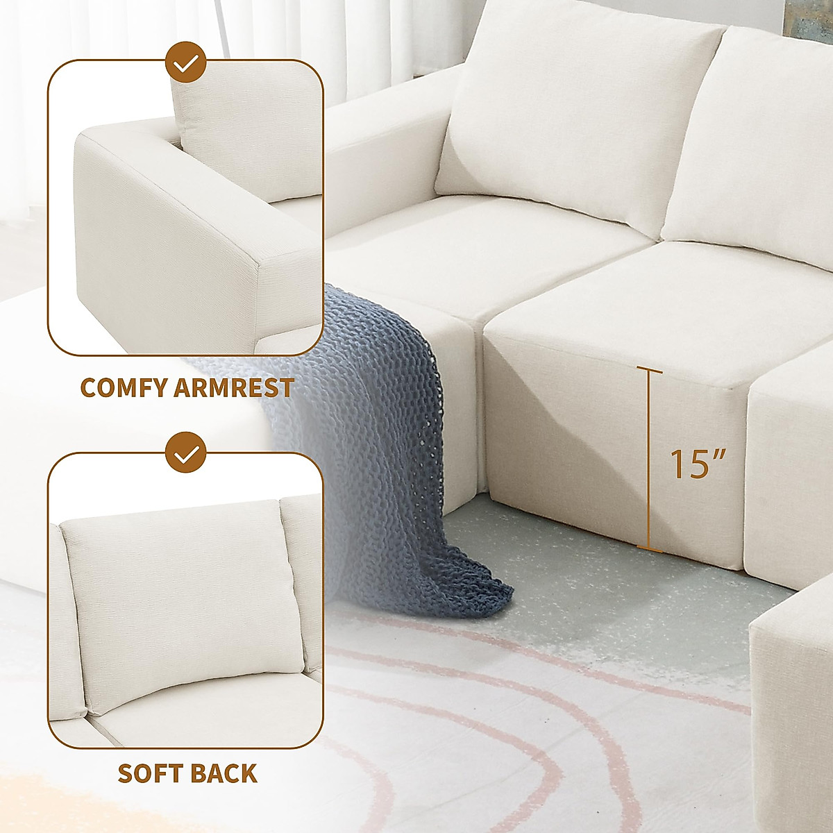 Olodumare U Shaped Minimalist Modular Sectional Sofa Sets, Modern 6 Pcs Luxury Chenille Floor Cloud Couch, Free Combination, Foam-Filled Sleeper Sofa Bed for Living Room, Office, Deep Seat, Beige