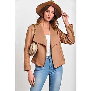 PRETTYGARDEN Women's Faux Suede Jackets 2025 Spring Fall Clothes Long Sleeve Open Front Cropped Coat Outwear (Camel,Small)