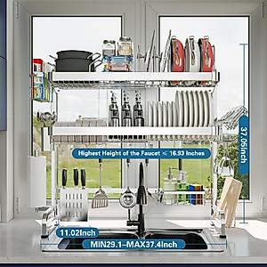 LIVOD Over The Sink Dish Drying Rack, 3-Tier Drying Drainer Rack Over Sink Stainless Steel Adjustable (29.1''~37.4''), Sink Drying Rack with Pots and Pans Rack (Silver)