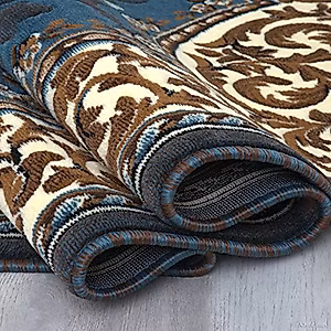 Allstar 8x10 Turquoise and Ivory Classic French Country Machine Carved Effect Rectangular Accent Rug with Mocha and Espresso Bordered Medallion Design (7' 9" x10' 1")