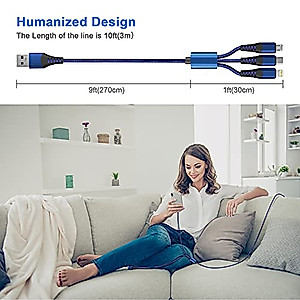 Bawanfa Multi 3 in 1 USB Long Charger Cable, 3M/10Ft 6A PD Fast Braided Charging Cord, Universal Multiple Ports Long Charging Cable with USB C/Micro USB/Lightning Connector