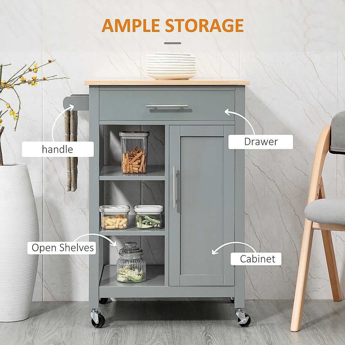 HOMCOM Compact Kitchen Island Cart on Wheels, Rolling Utility Trolley Cart with Storage Shelf & Drawer for Dining Room, Gray