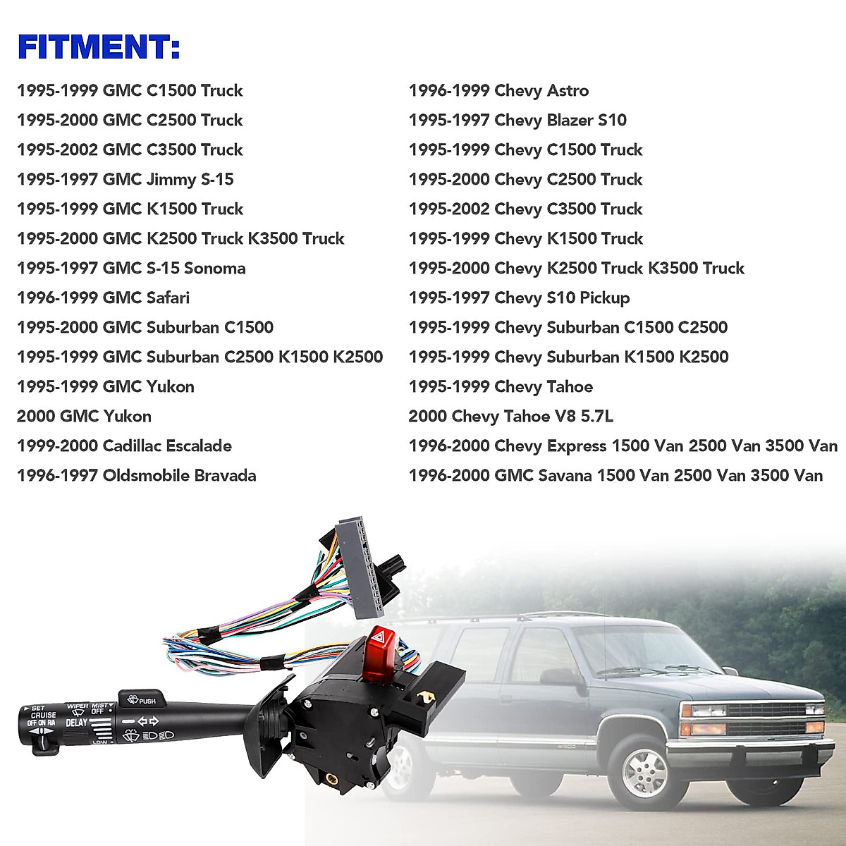 Multi-Function Combination Switch Replacement for 1995-2002 Chevy Tahoe S10 GMC C1500 K1500 Suburban Yukon, Replace 2330814 26100985 26036312, Turn Signal, Wiper, Washers, Cruise Control