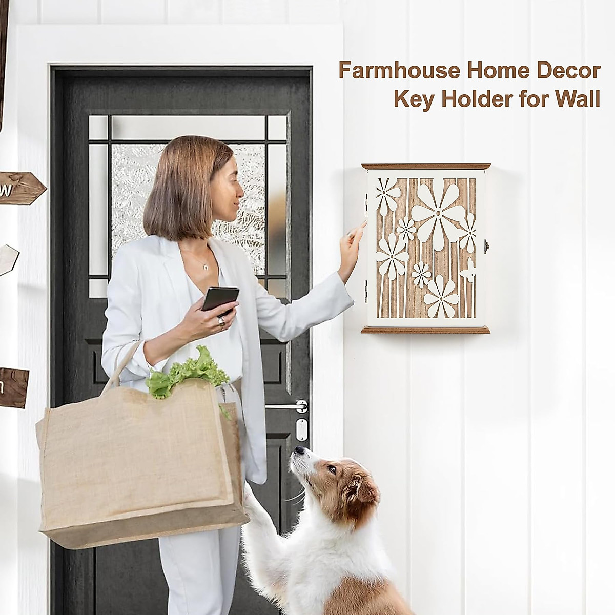 AHUONEL Key Holder Wall Mount Wooden Key Holder for Wall, Rustic Key Rack Wall Key Holder with 6 Key Hooks, Key Hanger Key Box Key Organizer for Entryway Hallway Office Home Decor